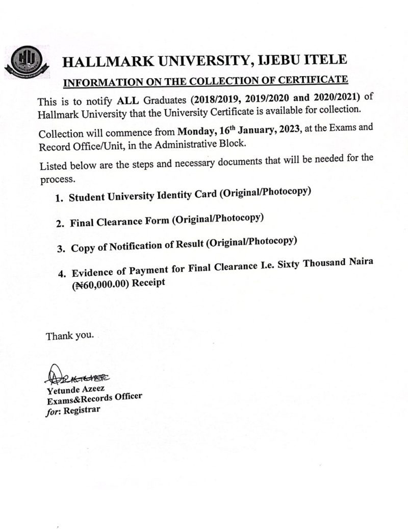 COLLECTION OF CERTIFICATE - Hallmark University